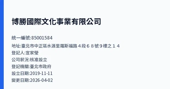 博勝國際文化事業有限公司的照片-統編 85001584(臺北市) 公司登記資料與營業項目詳細圖表