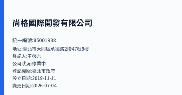 尚格國際開發有限公司的照片-統編 85001938(臺北市) 公司登記資料與營業項目詳細圖表