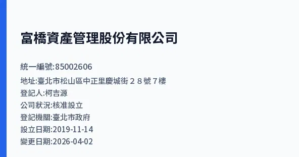 富橋資產管理股份有限公司的照片-統編 85002606(臺北市) 公司登記資料與營業項目詳細圖表