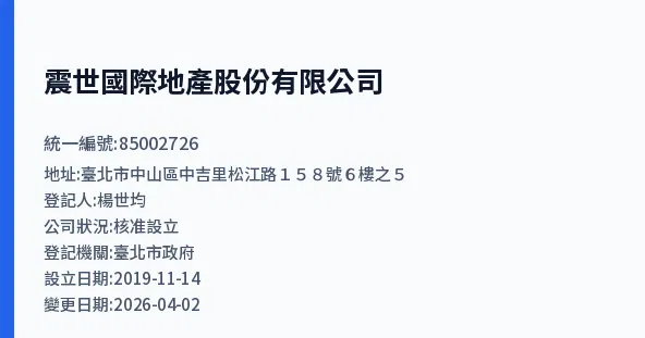 震世國際地產股份有限公司的照片-統編 85002726(臺北市) 公司登記資料與營業項目詳細圖表