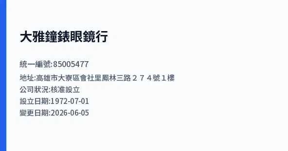 大雅鐘錶眼鏡行的照片-統編 85005477(高雄市) 公司登記資料與營業項目詳細圖表