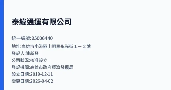 泰緯通運有限公司的照片-統編 85006440(高雄市) 公司登記資料與營業項目詳細圖表