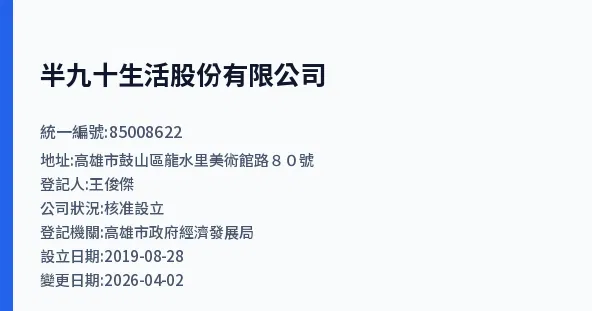 半九十生活股份有限公司的照片-統編 85008622(高雄市) 公司登記資料與營業項目詳細圖表