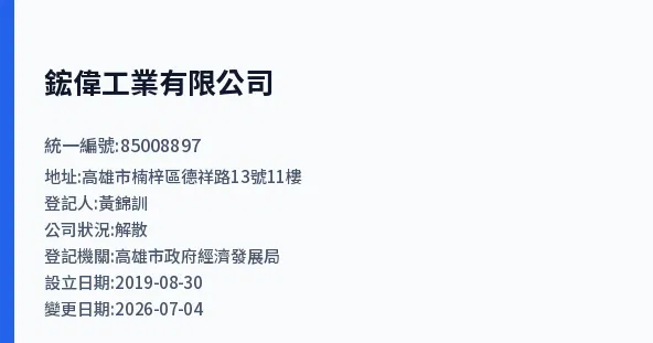 鋐偉工業有限公司的照片-統編 85008897(高雄市) 公司登記資料與營業項目詳細圖表