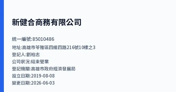 新健合商務有限公司的照片-統編 85010486(高雄市) 公司登記資料與營業項目詳細圖表