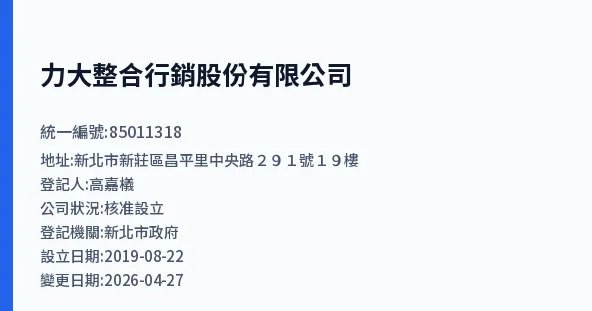 力大整合行銷股份有限公司的照片-統編 85011318(新北市) 公司登記資料與營業項目詳細圖表