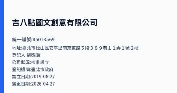 吉八點圖文創意有限公司的照片-統編 85013569(臺北市) 公司登記資料與營業項目詳細圖表