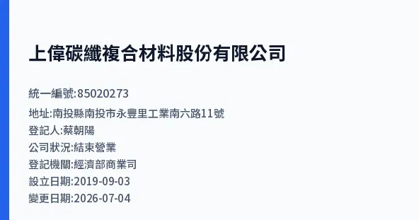 上偉碳纖複合材料股份有限公司的照片-統編 85020273(南投縣) 公司登記資料與營業項目詳細圖表