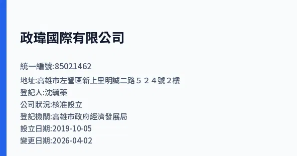 政瑋國際有限公司的照片-統編 85021462(高雄市) 公司登記資料與營業項目詳細圖表