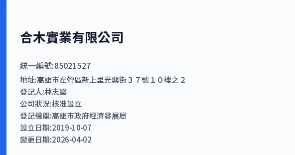 合木實業有限公司的照片-統編 85021527(高雄市) 公司登記資料與營業項目詳細圖表