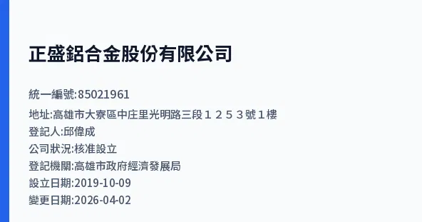 正盛鋁合金股份有限公司的照片-統編 85021961(高雄市) 公司登記資料與營業項目詳細圖表
