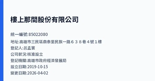 樓上那間股份有限公司的照片-統編 85022080(高雄市) 公司登記資料與營業項目詳細圖表