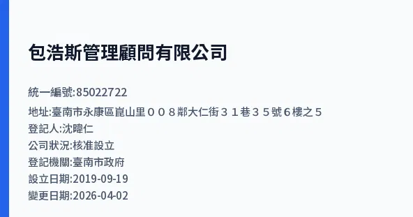 包浩斯管理顧問有限公司的照片-統編 85022722(臺南市) 公司登記資料與營業項目詳細圖表