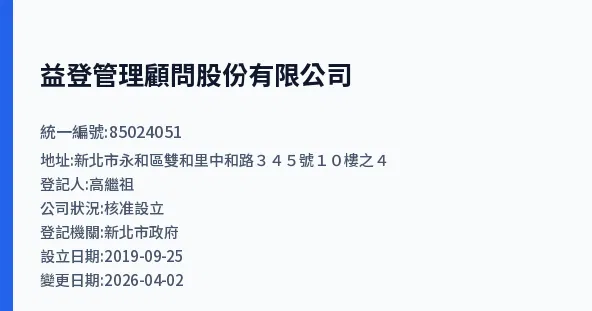益登管理顧問股份有限公司的照片-統編 85024051(新北市) 公司登記資料與營業項目詳細圖表