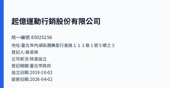 起億運動行銷股份有限公司的照片-統編 85025256(臺北市) 公司登記資料與營業項目詳細圖表