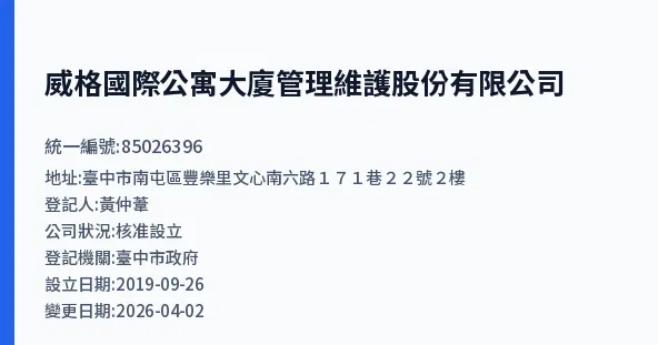 威格國際公寓大廈管理維護股份有限公司的照片-統編 85026396(臺中市) 公司登記資料與營業項目詳細圖表