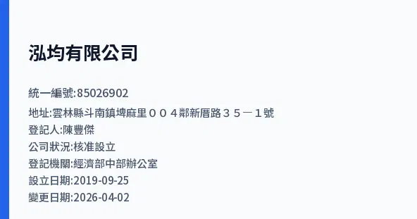 泓均有限公司的照片-統編 85026902(雲林縣) 公司登記資料與營業項目詳細圖表