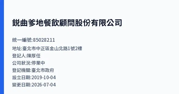 鋭曲爹地餐飲顧問股份有限公司的照片-統編 85028211(臺北市) 公司登記資料與營業項目詳細圖表