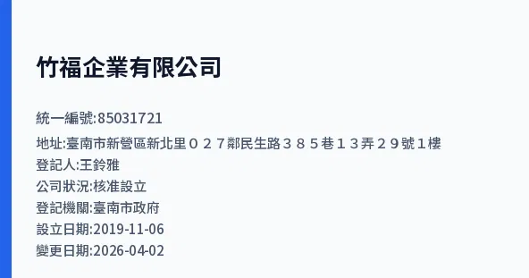竹福企業有限公司的照片-統編 85031721(臺南市) 公司登記資料與營業項目詳細圖表