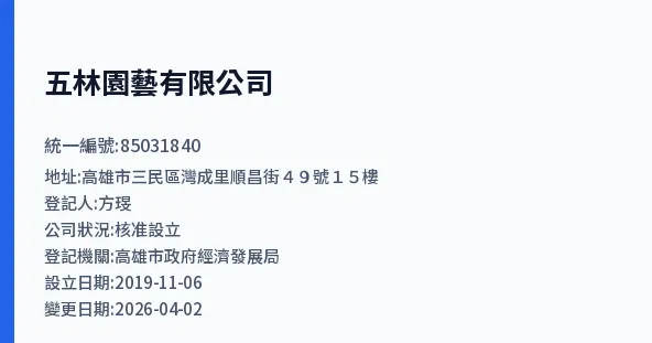 五林園藝有限公司的照片-統編 85031840(高雄市) 公司登記資料與營業項目詳細圖表