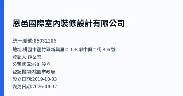 恩邑國際室內裝修設計有限公司的照片-統編 85032186(桃園市) 公司登記資料與營業項目詳細圖表