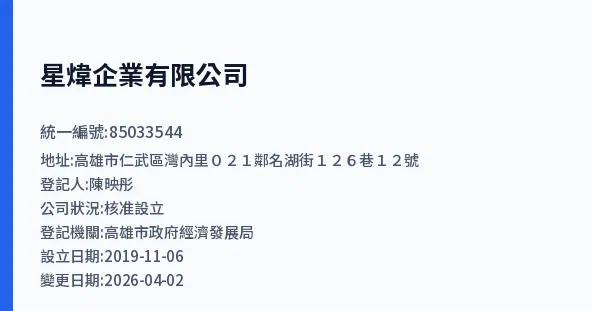星煒企業有限公司的照片-統編 85033544(高雄市) 公司登記資料與營業項目詳細圖表