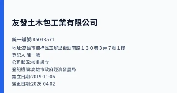 友發土木包工業有限公司的照片-統編 85033571(高雄市) 公司登記資料與營業項目詳細圖表
