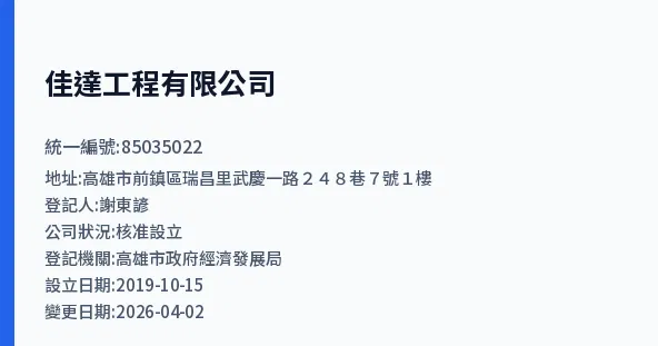 佳達工程有限公司的照片-統編 85035022(高雄市) 公司登記資料與營業項目詳細圖表