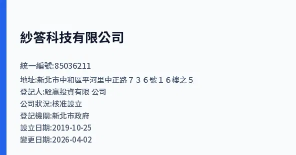 紗答科技有限公司的照片-統編 85036211(新北市) 公司登記資料與營業項目詳細圖表