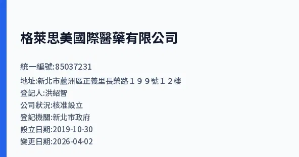 格萊思美國際醫藥有限公司的照片-統編 85037231(新北市) 公司登記資料與營業項目詳細圖表