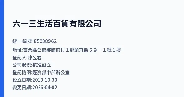六一三生活百貨有限公司的照片-統編 85038962(苗栗縣) 公司登記資料與營業項目詳細圖表