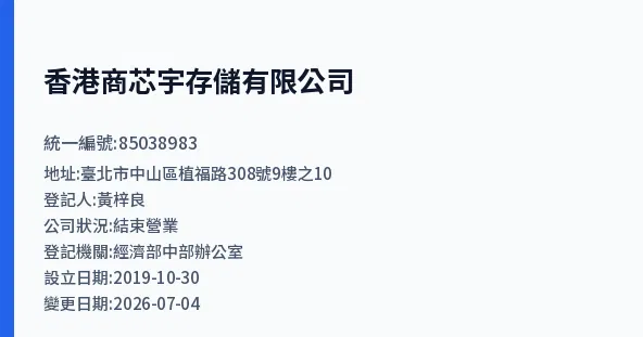 香港商芯宇存儲有限公司的照片-統編 85038983(臺北市) 公司登記資料與營業項目詳細圖表