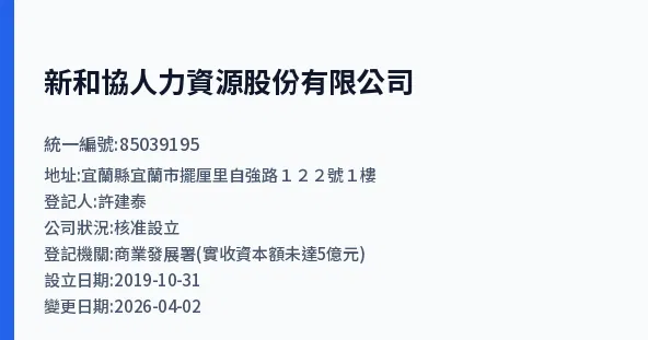 新和協人力資源股份有限公司的照片-統編 85039195(宜蘭縣) 公司登記資料與營業項目詳細圖表