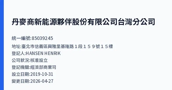丹麥商新能源夥伴股份有限公司台灣分公司的照片-統編 85039245(臺北市) 公司登記資料與營業項目詳細圖表
