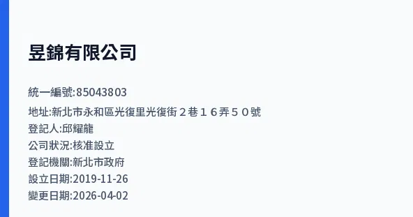 昱錦有限公司的照片-統編 85043803(新北市) 公司登記資料與營業項目詳細圖表