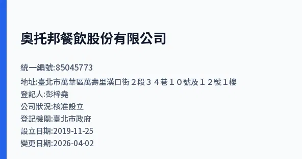 奧托邦餐飲股份有限公司的照片-統編 85045773(臺北市) 公司登記資料與營業項目詳細圖表