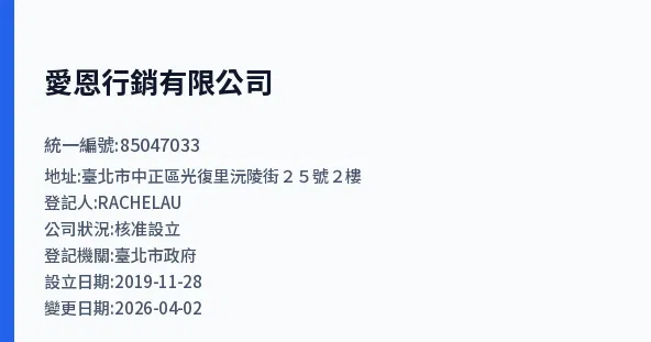 愛恩行銷有限公司的照片-統編 85047033(臺北市) 公司登記資料與營業項目詳細圖表