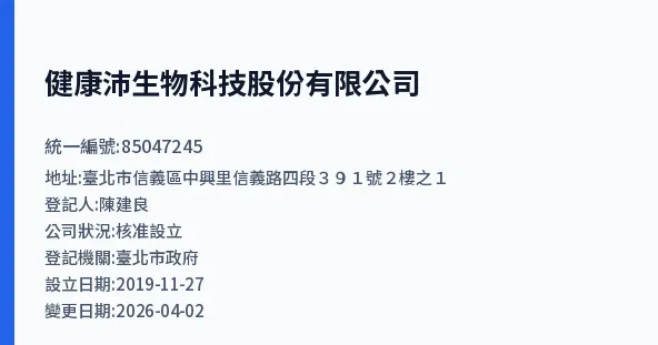 健康沛生物科技股份有限公司的照片-統編 85047245(臺北市) 公司登記資料與營業項目詳細圖表