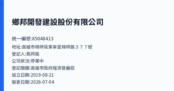 鄉邦開發建設股份有限公司的照片-統編 85048413(高雄市) 公司登記資料與營業項目詳細圖表