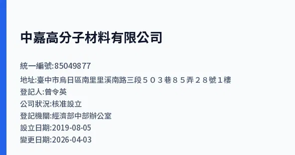 中嘉高分子材料有限公司的照片-統編 85049877(臺中市) 公司登記資料與營業項目詳細圖表