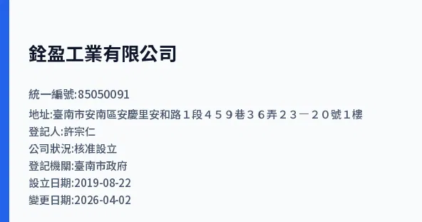 銓盈工業有限公司的照片-統編 85050091(臺南市) 公司登記資料與營業項目詳細圖表