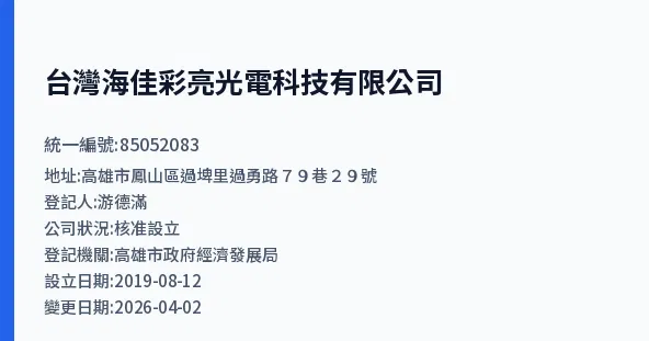 台灣海佳彩亮光電科技有限公司的照片-統編 85052083(高雄市) 公司登記資料與營業項目詳細圖表
