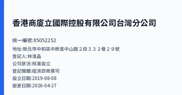 香港商廈立國際控股有限公司台灣分公司的照片-統編 85052252(新北市) 公司登記資料與營業項目詳細圖表