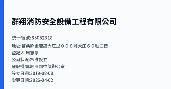 群翔消防安全設備工程有限公司的照片-統編 85052318(苗栗縣) 公司登記資料與營業項目詳細圖表