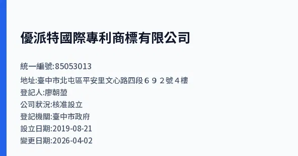 優派特國際專利商標有限公司的照片-統編 85053013(臺中市) 公司登記資料與營業項目詳細圖表