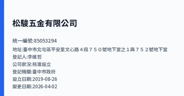 松駿五金有限公司的照片-統編 85053294(臺中市) 公司登記資料與營業項目詳細圖表