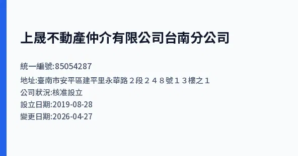 上晟不動產仲介有限公司台南分公司的照片-統編 85054287(臺南市) 公司登記資料與營業項目詳細圖表