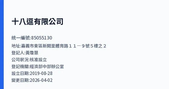 十八逗有限公司的照片-統編 85055130(嘉義市) 公司登記資料與營業項目詳細圖表