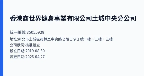 香港商世界健身事業有限公司土城中央分公司的照片-統編 85055928(新北市) 公司登記資料與營業項目詳細圖表