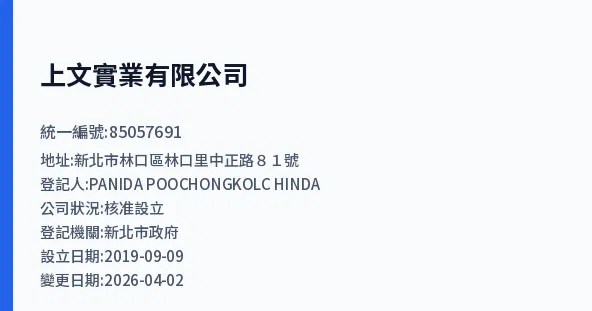 上文實業有限公司的照片-統編 85057691(新北市) 公司登記資料與營業項目詳細圖表